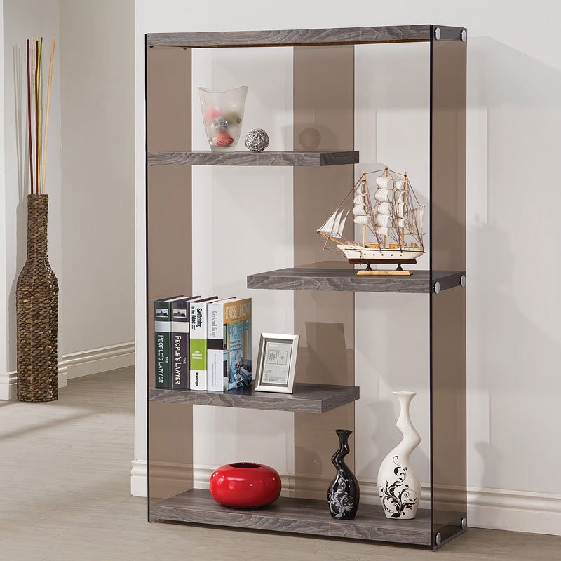 Asymmetrical Bookcase w/ Glass Sides (Weathered Grey) by Coaster ...